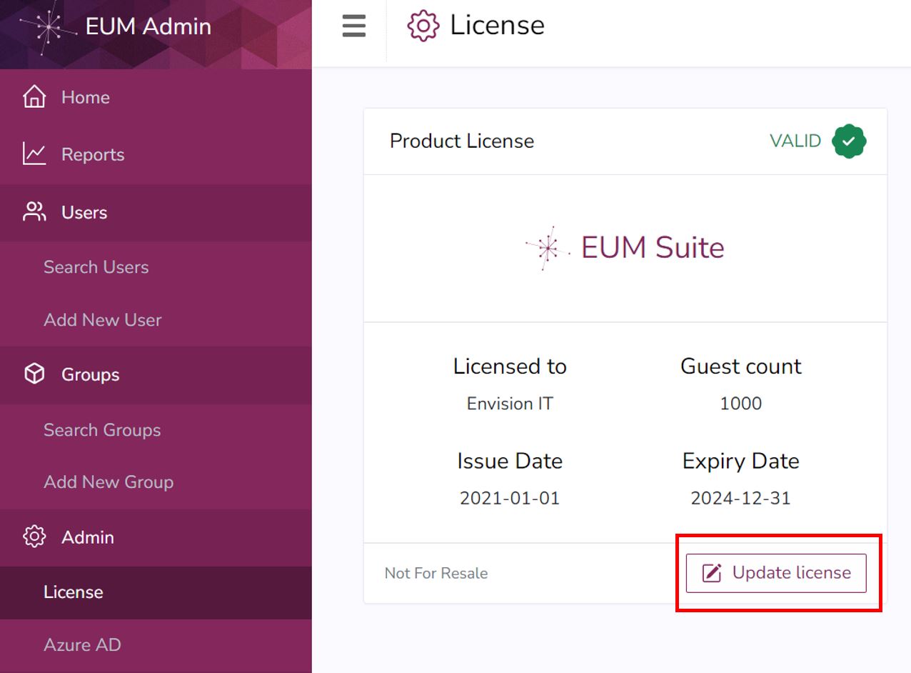 Apply an Updated EUM V6 License – ExtranetUserManager