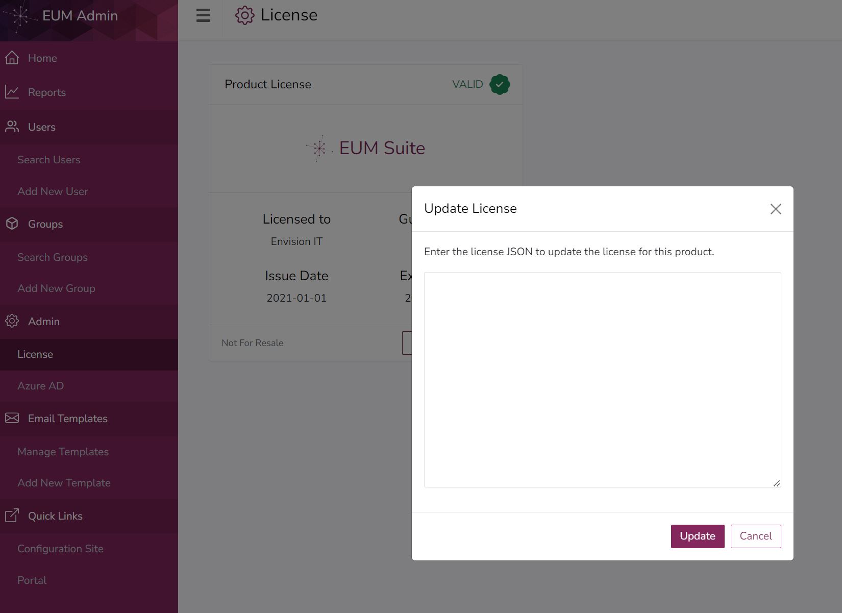 Apply an Updated EUM V6 License – ExtranetUserManager