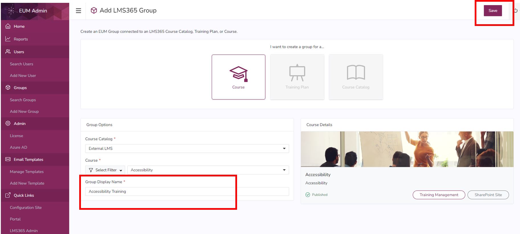 Create a EUM Group connected to LMS365 Course – ExtranetUserManager