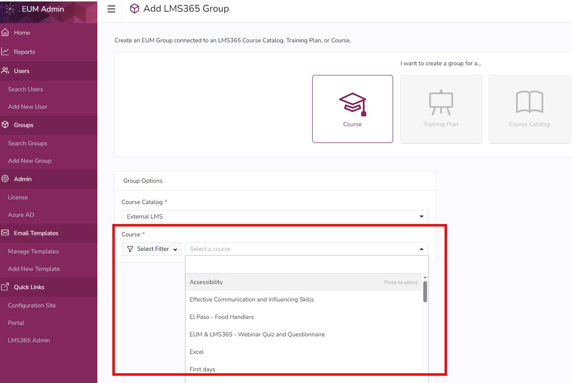 Create a EUM Group connected to LMS365 Course – ExtranetUserManager