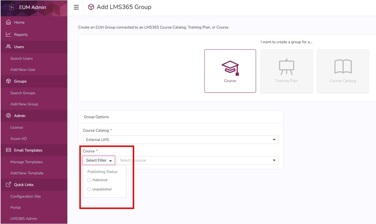 Create a EUM Group connected to LMS365 Course – ExtranetUserManager