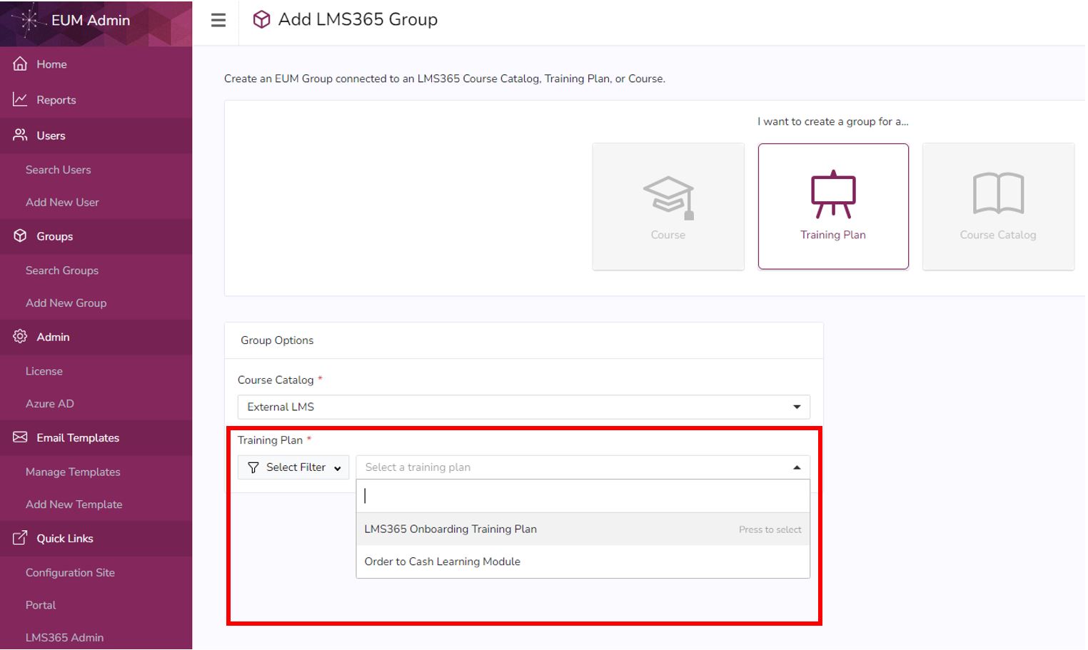 Create a EUM Group connected to LMS365 Training Plan – ExtranetUserManager