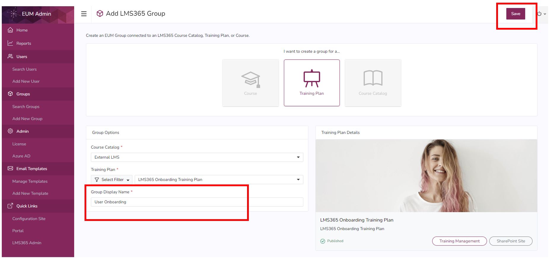 Create a EUM Group connected to LMS365 Training Plan – ExtranetUserManager